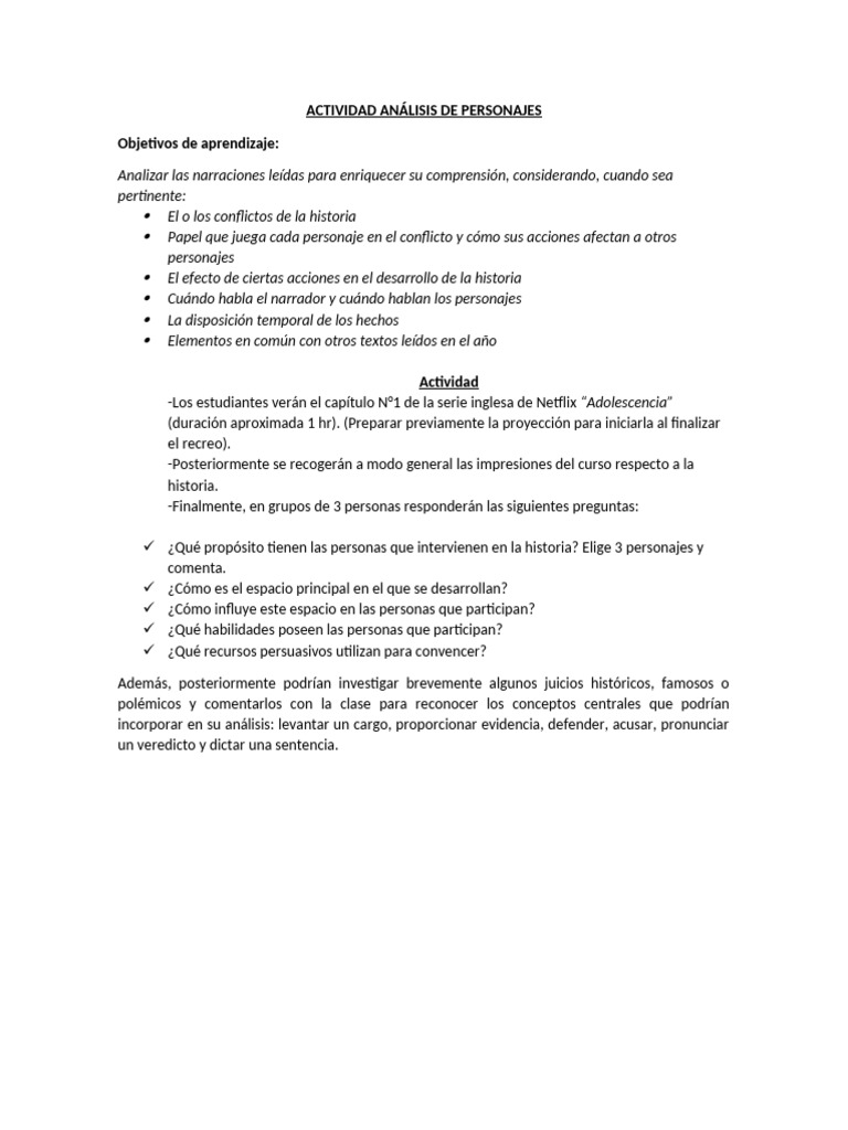 Actividad Análisis de Personaje 8vo | PDF