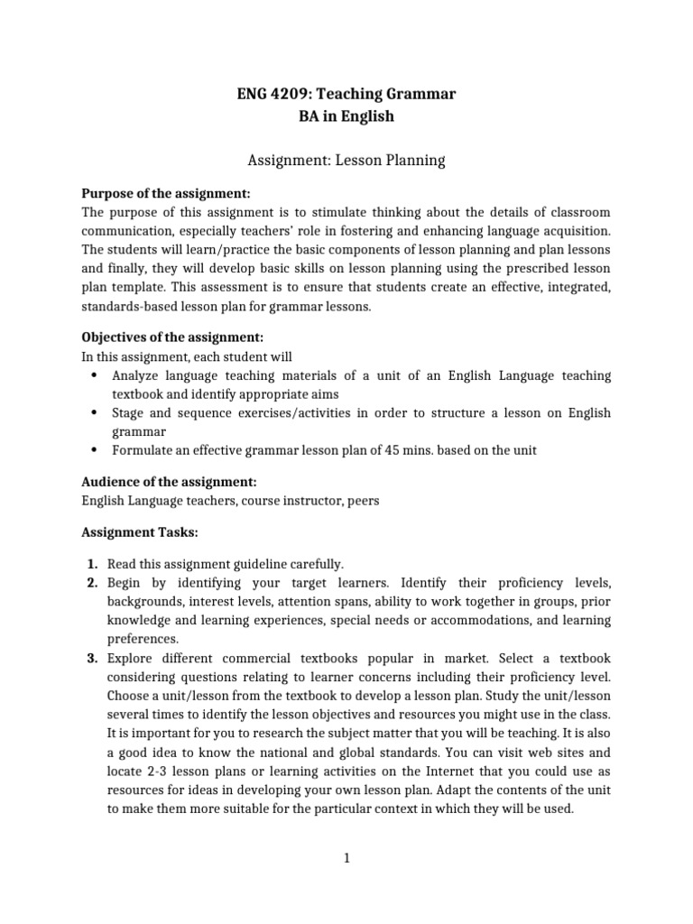 TG Assignment Lesson Planning Spring 2020 | PDF | Lesson Plan | Language Education