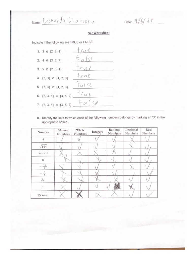 Set Worksheet | PDF