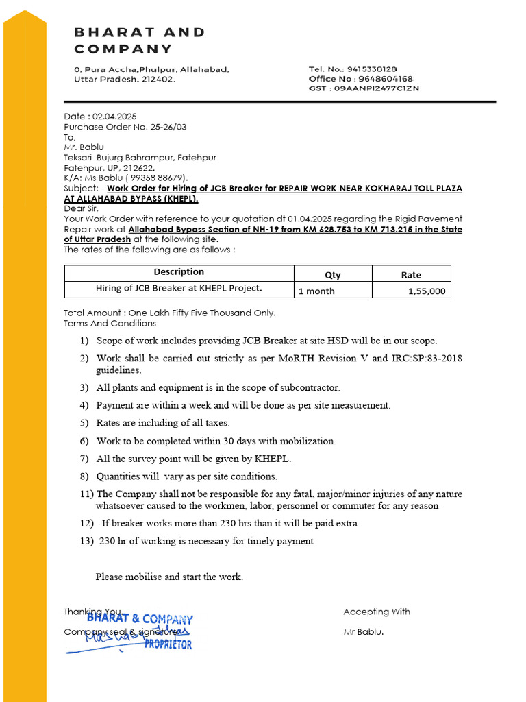 Bablu Work Order JCB Breaker | PDF