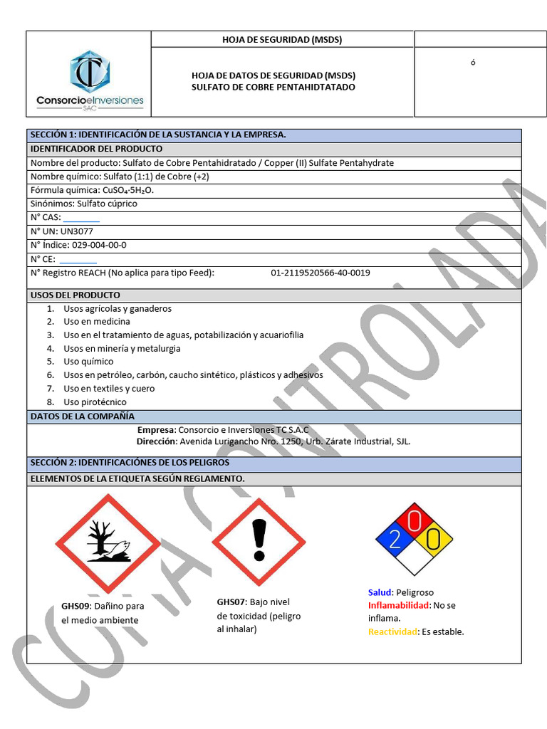 MSDS (Hoja de Seguridad) 2024-Consorcio e Inversiones TC Sac Ii | PDF ...