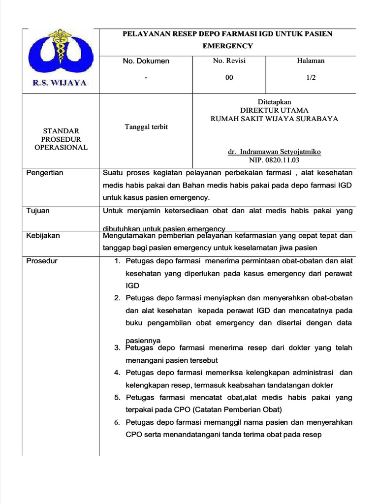 PDF Sop Pelayanan Resep Depo Farmasi Igd Untuk Pasien Emergency ...