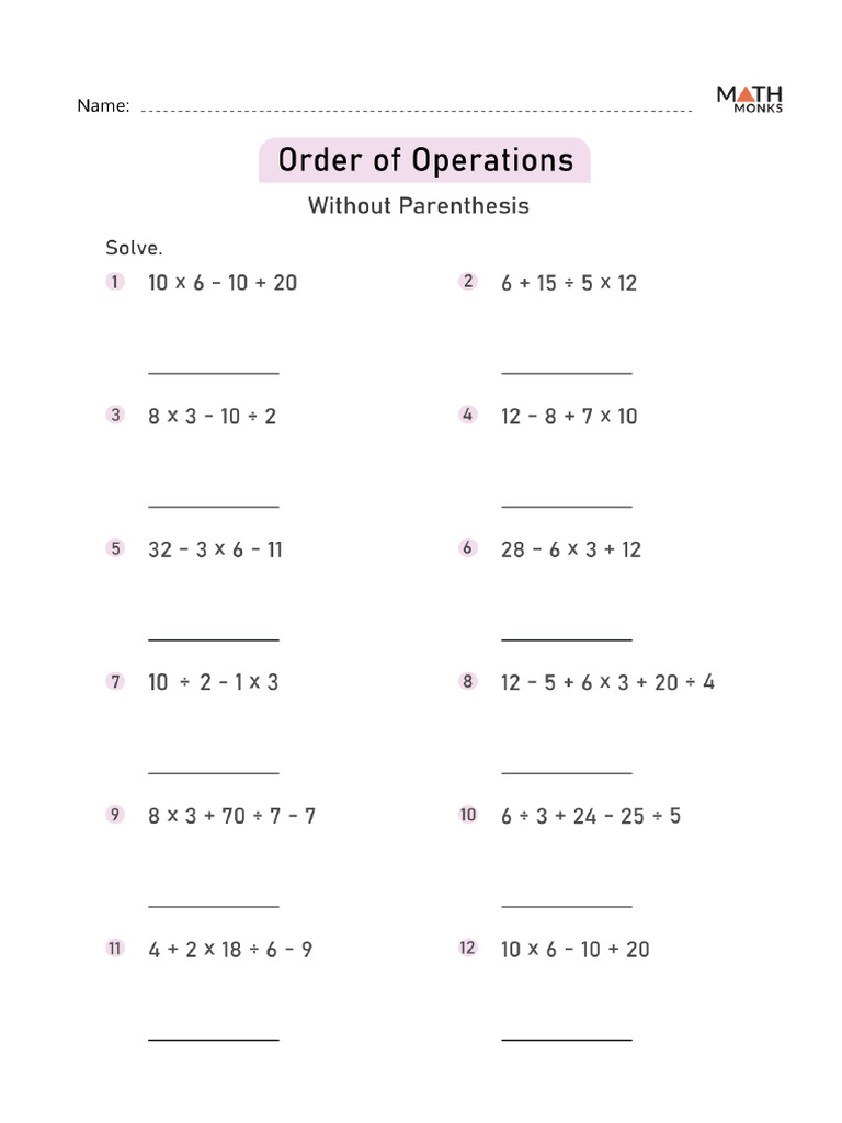 Order-of-Operations-Without-Parentheses-Worksheets | PDF