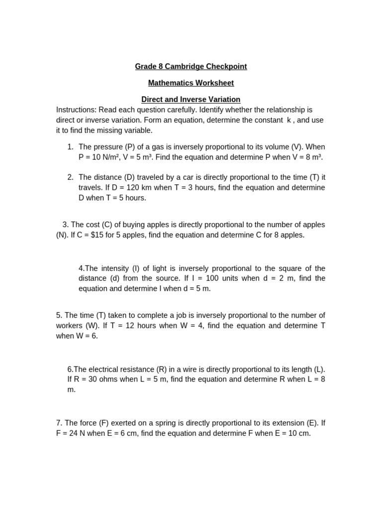 Grade 8 Math: Direct & Inverse Variation | PDF | Pressure | Force