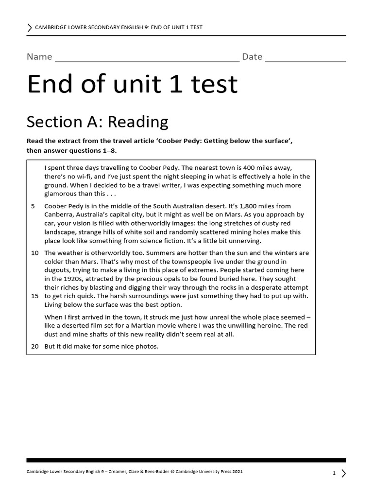 Cambridge English 9 Unit 1 Test | PDF