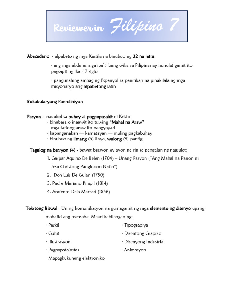 Reviewer in Filipino | PDF