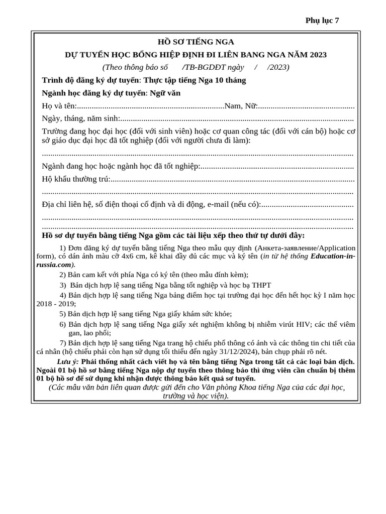 Phu luc 7 (HS tieng Nga cua TT tieng 10 thang) | PDF