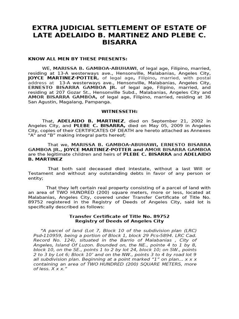 Extra-Judicial Estate Settlement Document | PDF | Justice | Crime & Violence