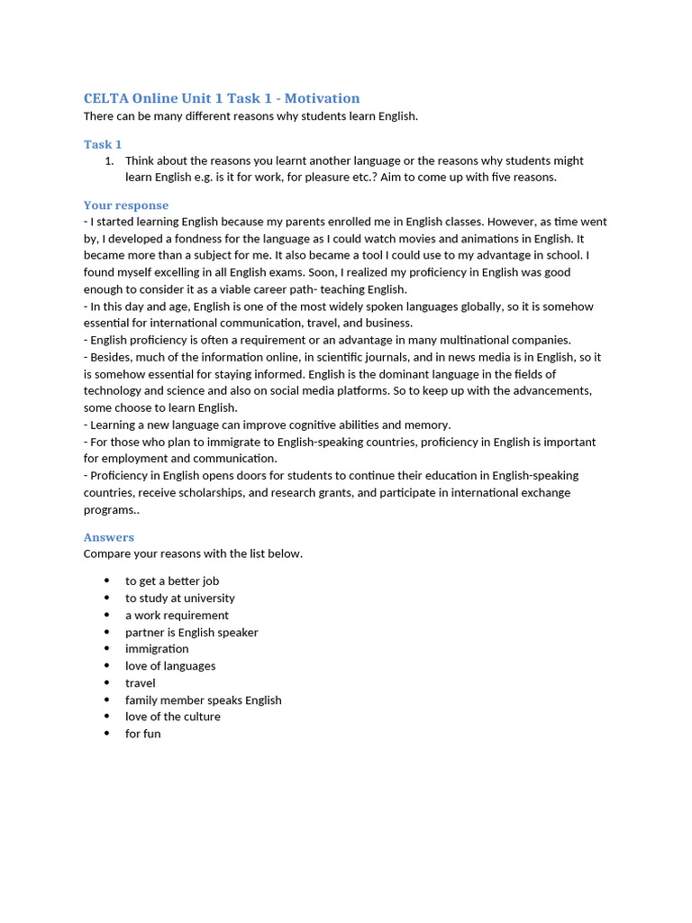 CELTA Online Unit 1 Task 1 - Motivation | PDF