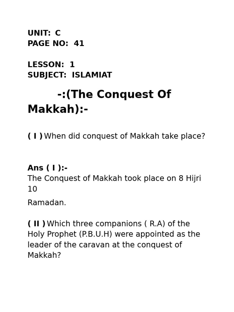 Islamiyat 9th Class Unit-C, Lesson-1 (The Conquest of Makkah) | PDF