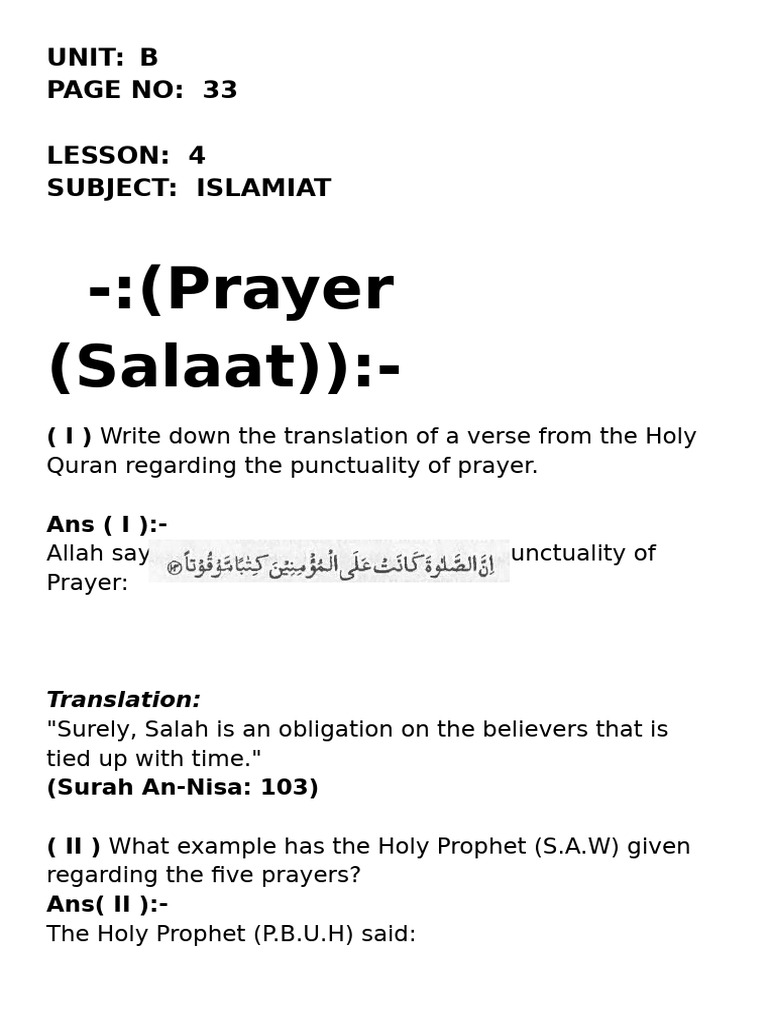 Islamiyat 9th Class Unit-B, Lesson-4 (Prayer (Salaat) ) | PDF
