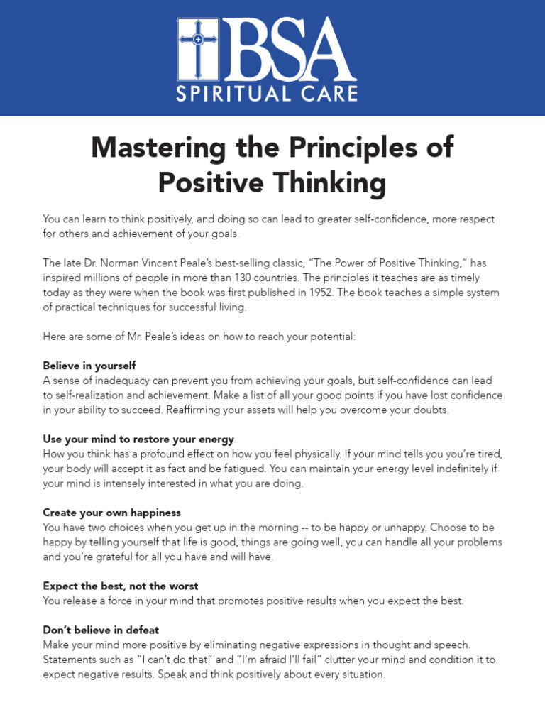 BSA Wellness Handout Mastering The Principles of Positive Thinking A ...