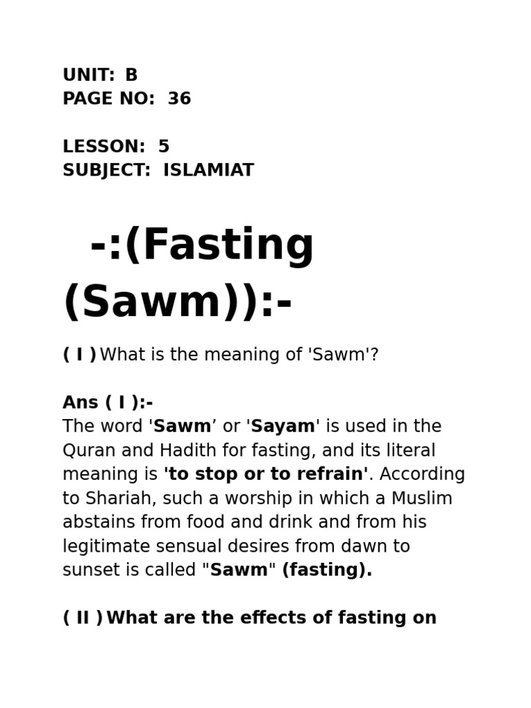 Islamiyat 9th class Unit-B, Lesson-5 ( Fasting(Sawm)) | PDF