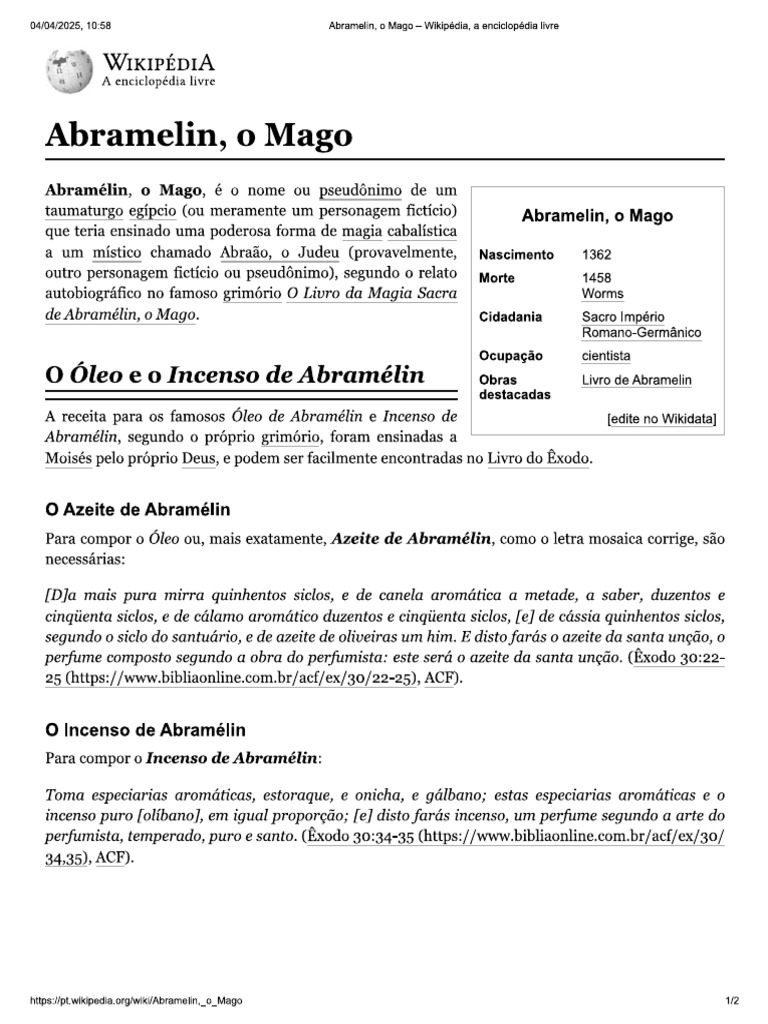 Abramelin, o Mago – Wikipédia, a enciclopédia livre | PDF