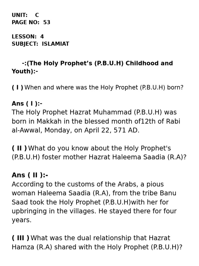 Islamiyat 9th Class Unit-C, Lesson-4 (The Holy Prophet's (P.B.U.H) Childhood and Youth) | PDF