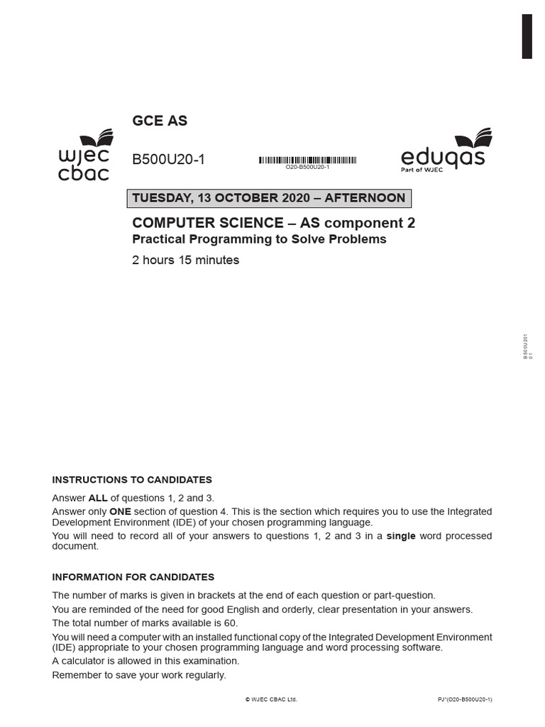 October 2020 QP - Component 2 Eduqas Computer Science AS-level | PDF | Computer File ...