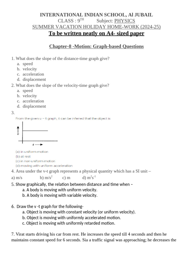Class 9 - Physics - Holiday Homework | PDF | Force | Acceleration