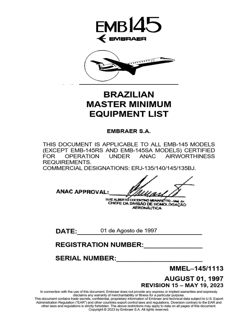 MMEL ANAC ERJ-145 Rev 15.0 | PDF | Implied Warranty | Aviation