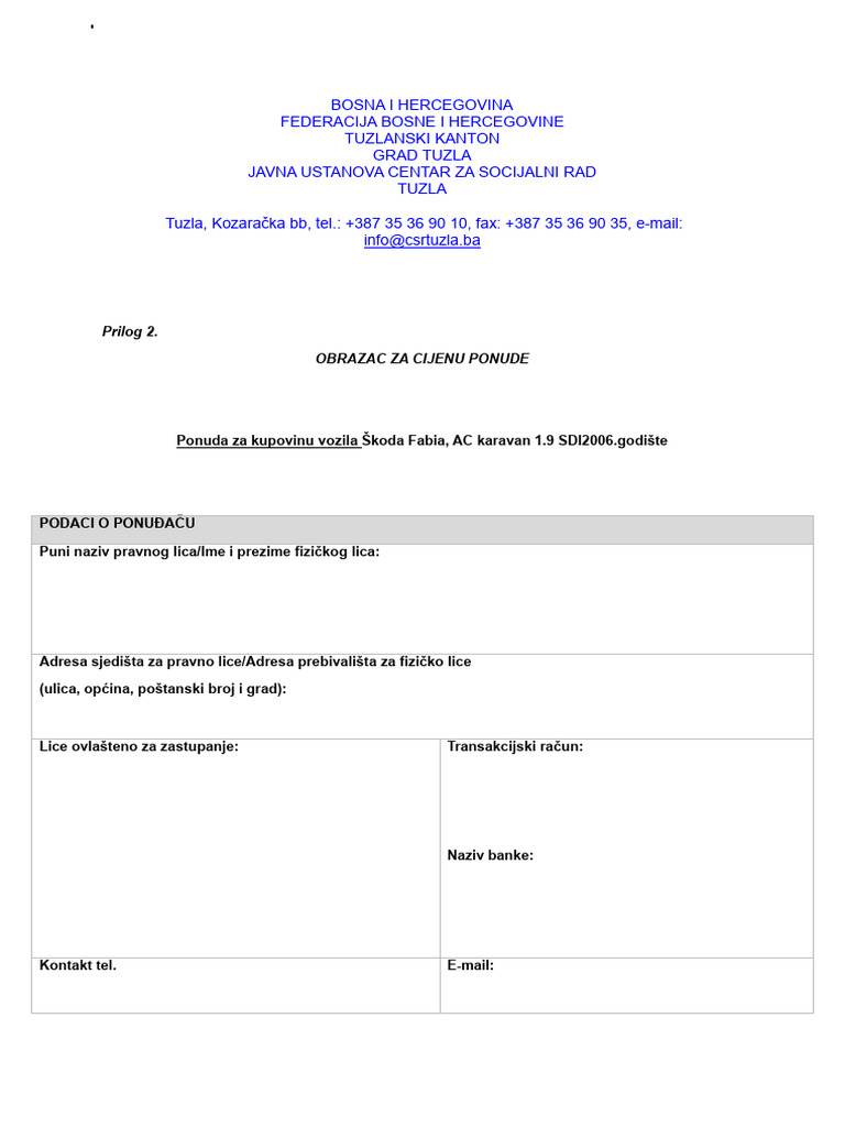 Obrazac Za Cijenu Ponude | PDF