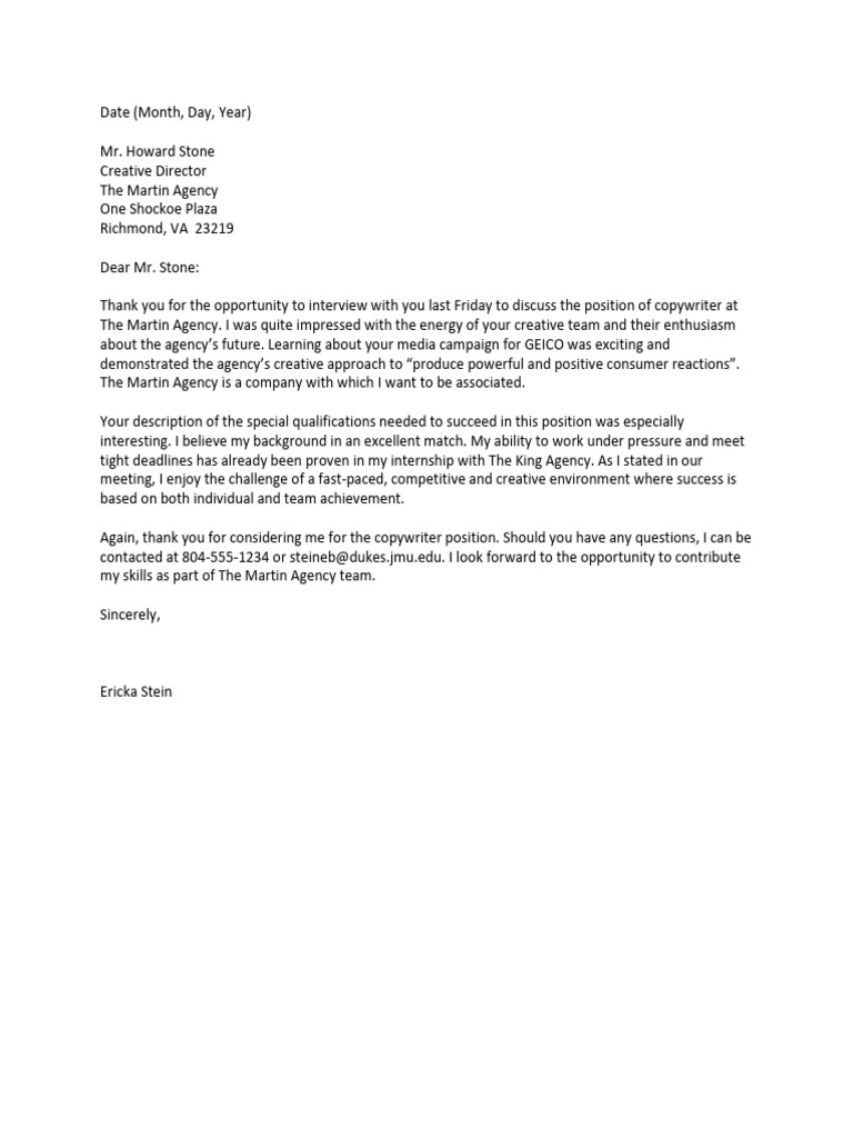 Copywriter Interview Thank You Letter | PDF