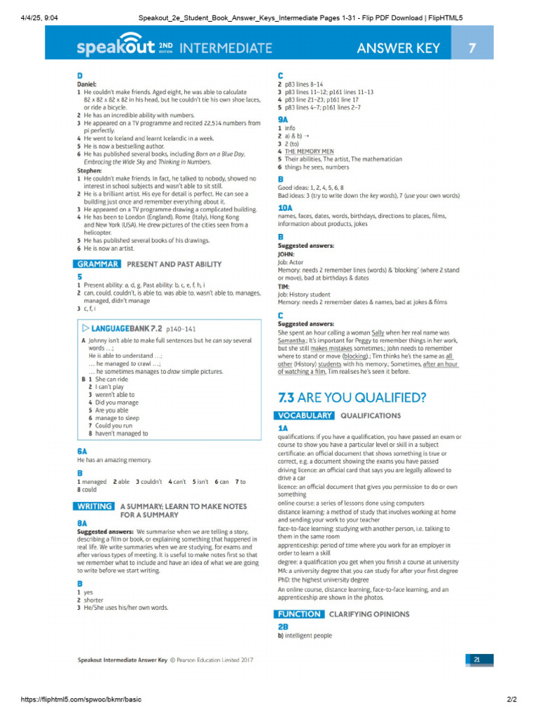Speakout 2e Student Book Answer Keys Intermediate 2 | PDF