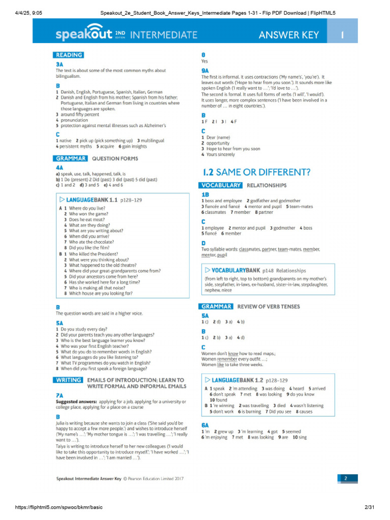 Speakout 2e Student Book Answer Keys Intermediate 4 | PDF