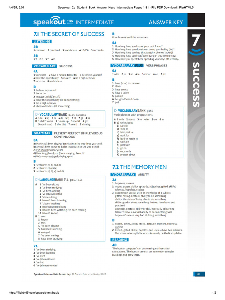 Speakout 2e Student Book Answer Keys Intermediate | PDF