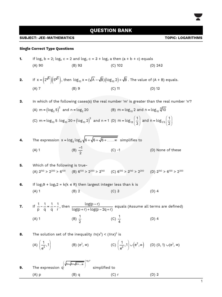 Logarithm - Question Bank - SC (Extra Practice of Log) | PDF | Rational Number | Logarithm