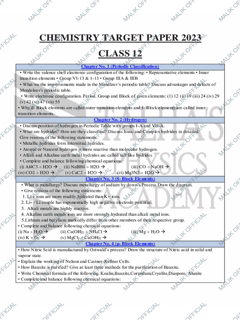 Xii Chemistry Target Paper 2023 | PDF