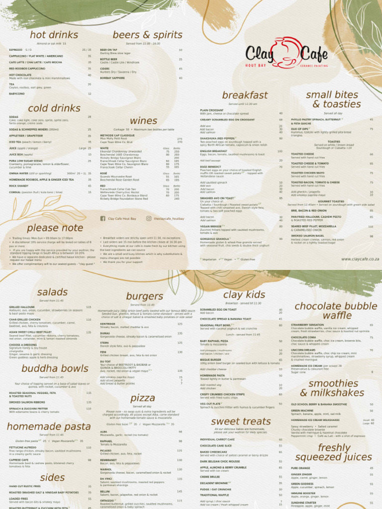 Clay Cafe Hout Bay A3 Menu | PDF