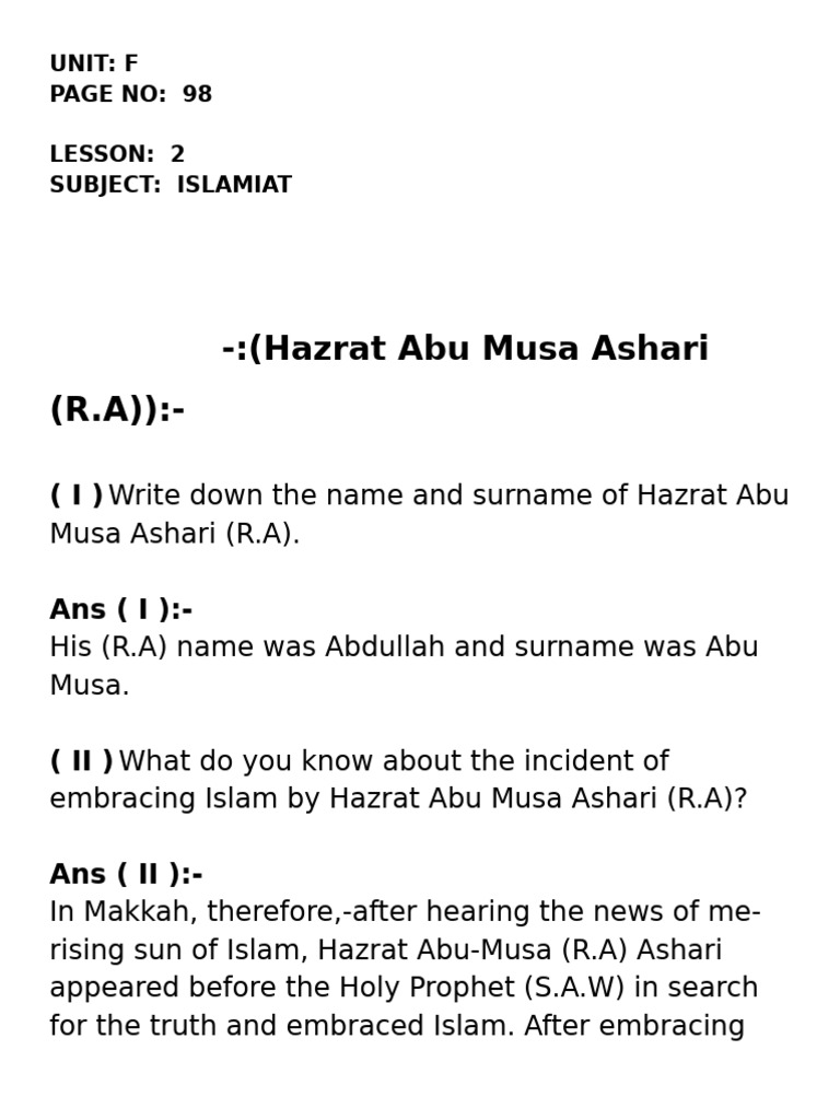 Islamiyat 9th calss Unit-F, Lesson-2 (Hazrat Abu Musa Ashari (R.A)) | PDF