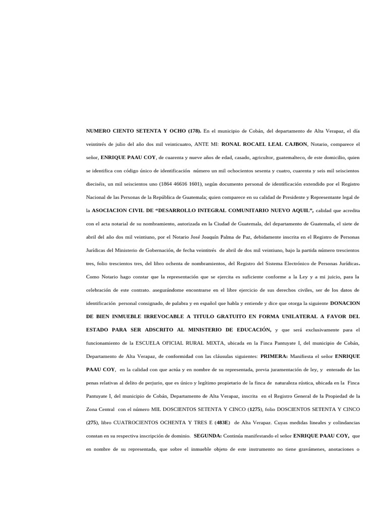 Escritura 178-2024 Donacion Eorm F Pantuyate I | PDF | Guatemala