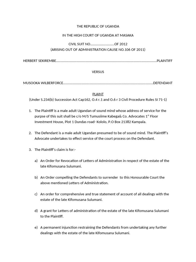 Plaint for Revocation of Letters of Admi (1) | PDF | Lawsuit | Civil ...