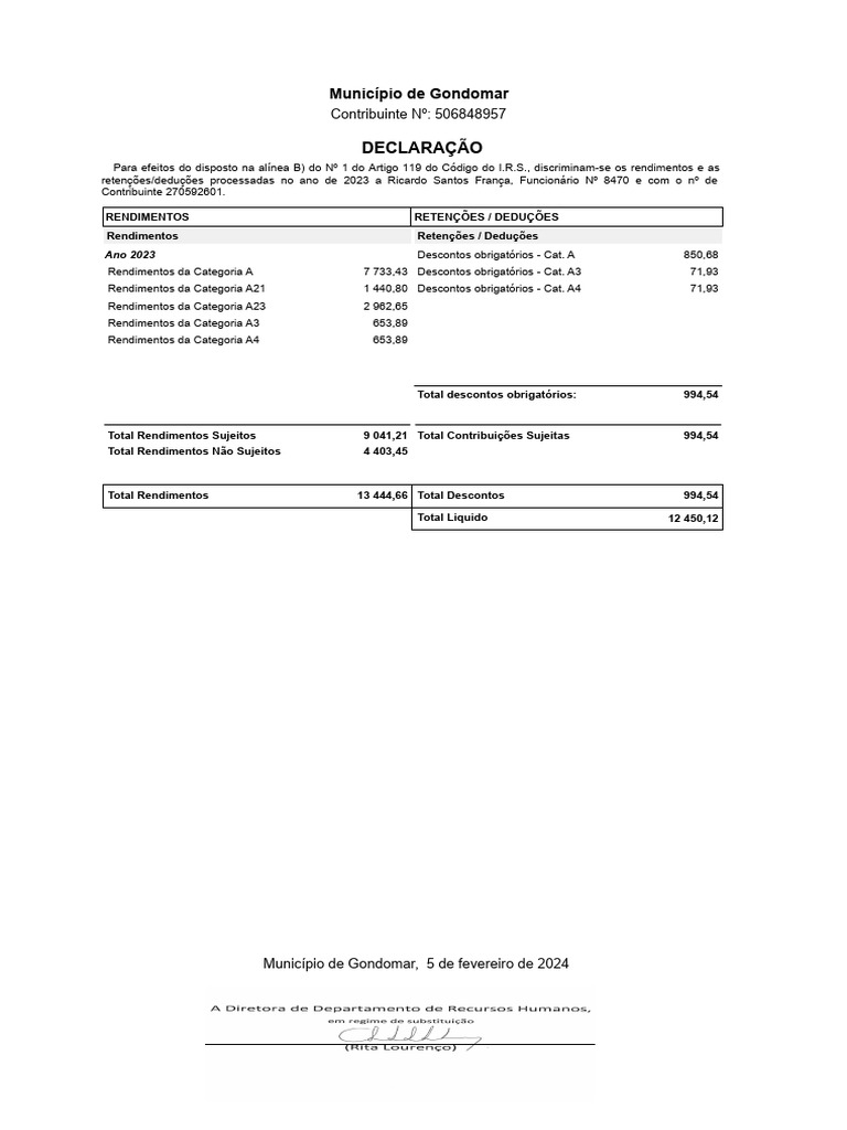 Declaração de Rendimentos | PDF