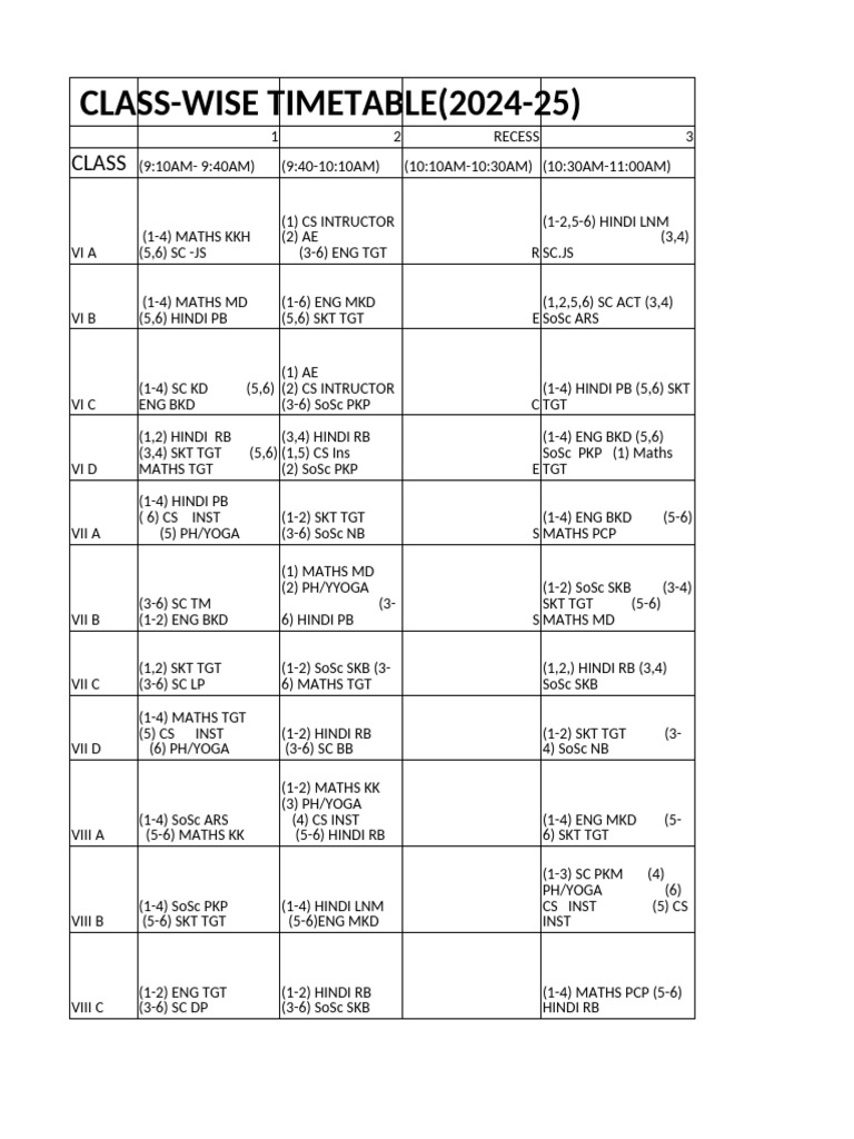 Class Timetable 2024-25 (6) - 1 | PDF