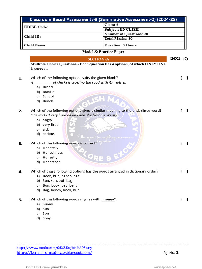 6th Class English SA 2 Model Paper | PDF | Part Of Speech | Grammar