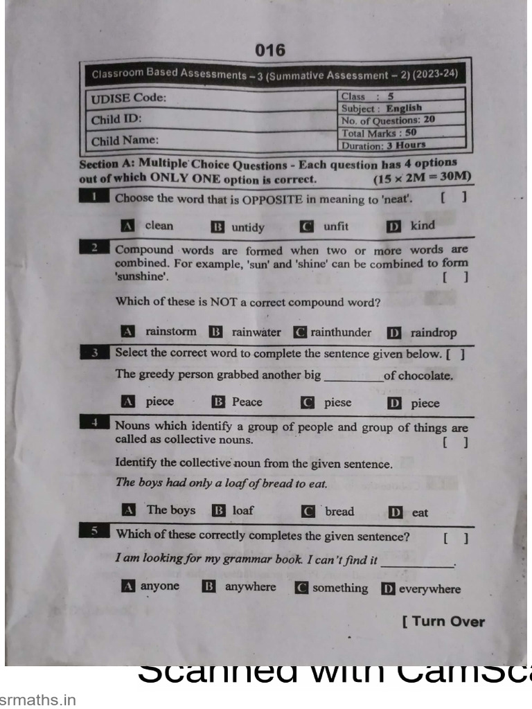 5th Class English SA 2 2023-24 Question Paper | PDF