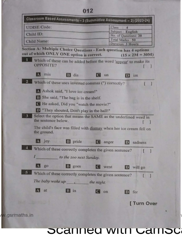 4th Class English SA 2 2023-24 Question Paper | PDF