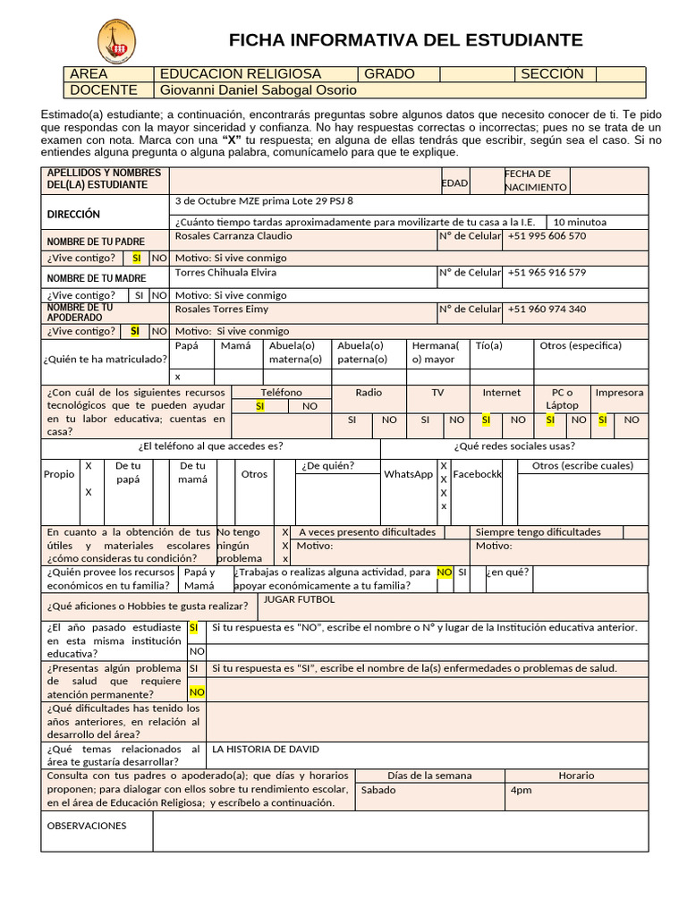 Ficha Informativa del Estudiante | PDF