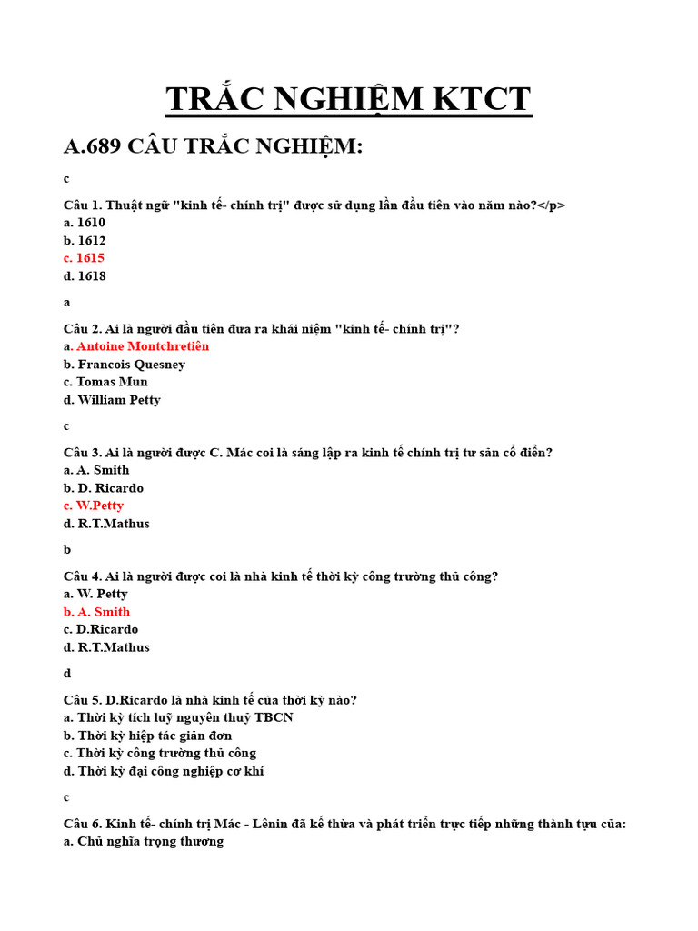 KINH TẾ CHÍNH TRỊ MÁC LÊ NIN TRẮC NGHIỆM GK-CK | PDF