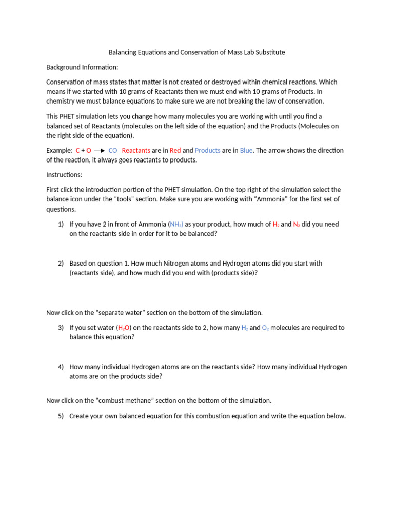 Balancing Equations Lab Guide | PDF