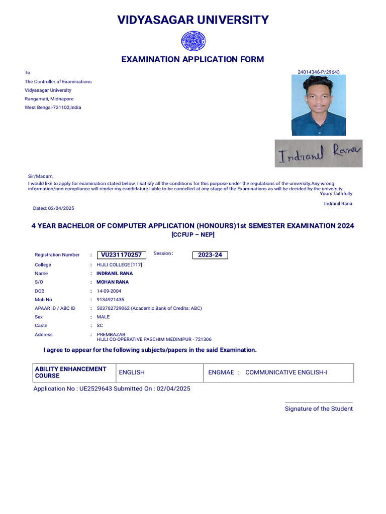 VU Examination Application Form 2024 | PDF