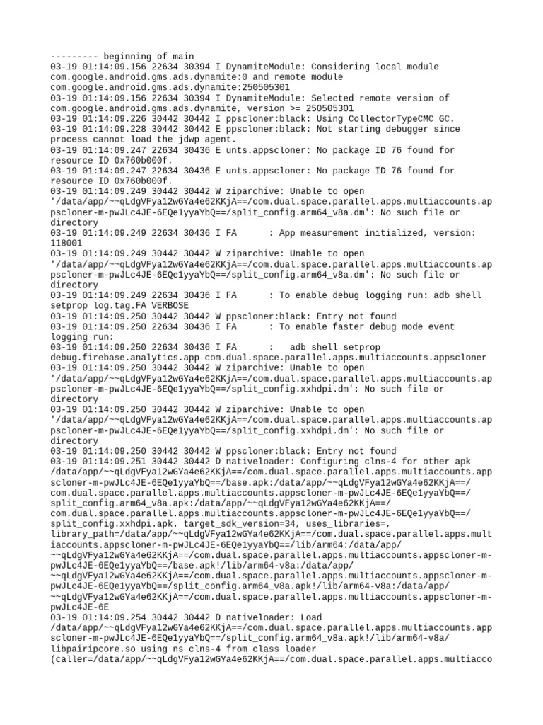 Com.dual.Space.parallel.apps.Multiaccounts.appscloner Logcat | PDF | Java (Programming Language ...