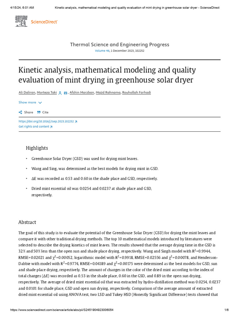 Kinetic Analysis, Mathematical Modeling and Quality Evaluation of Mint Drying in Greenhouse ...