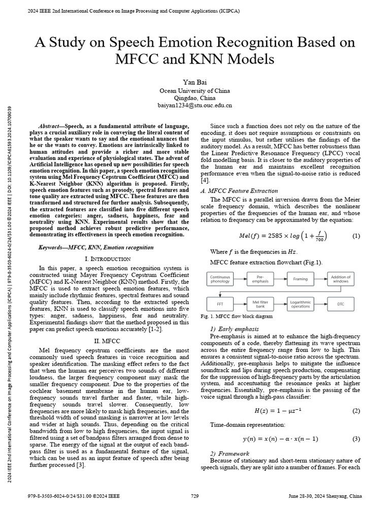 A Study On Speech Emotion Recognition Based On MFCC and KNN Models | PDF | Spectral Density ...