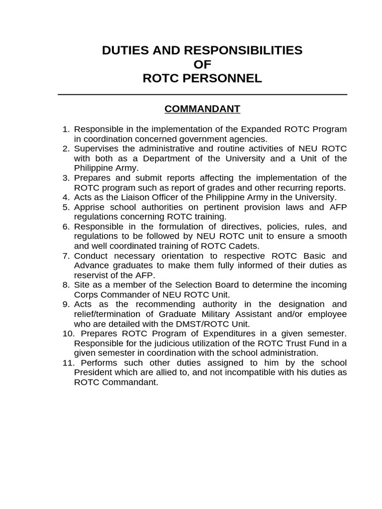 ROTC Personnel Duties Overview | PDF | Non Commissioned Officer | Military