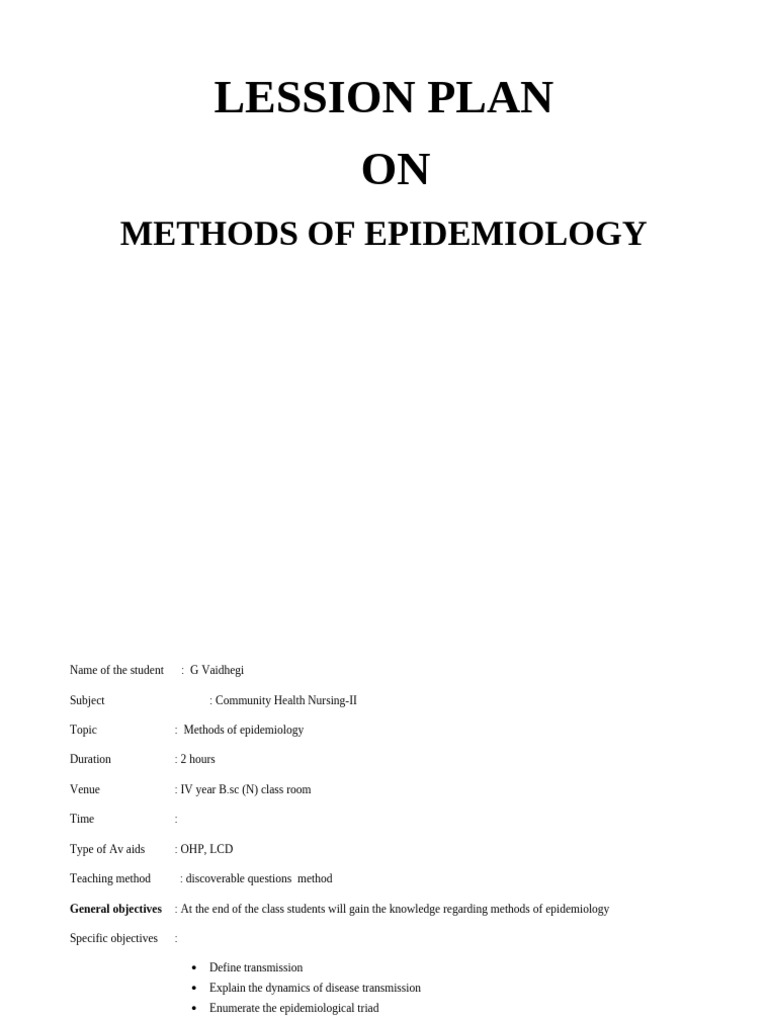 LESSION PLAN 3 Methods of Epidimiology | PDF | Epidemiology | Lesson Plan
