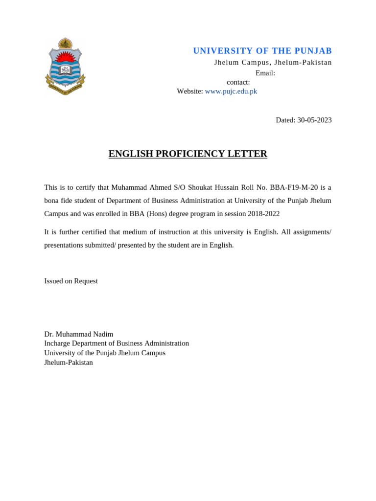 Proficiency Letter | PDF