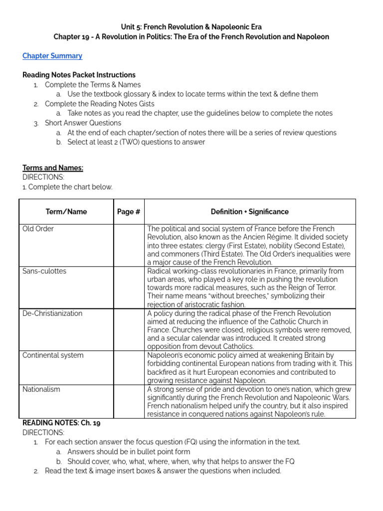 Unit 5 Reading Notes French Revolution | PDF | French Revolution ...