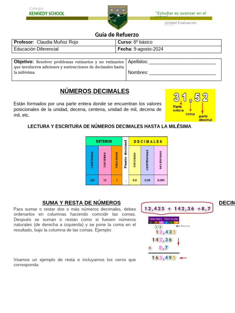 Suma y Resta de Decimales 1 | PDF